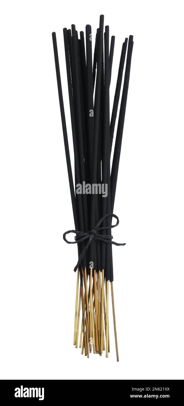 Many aromatic incense sticks tied with twine on white background Stock ...