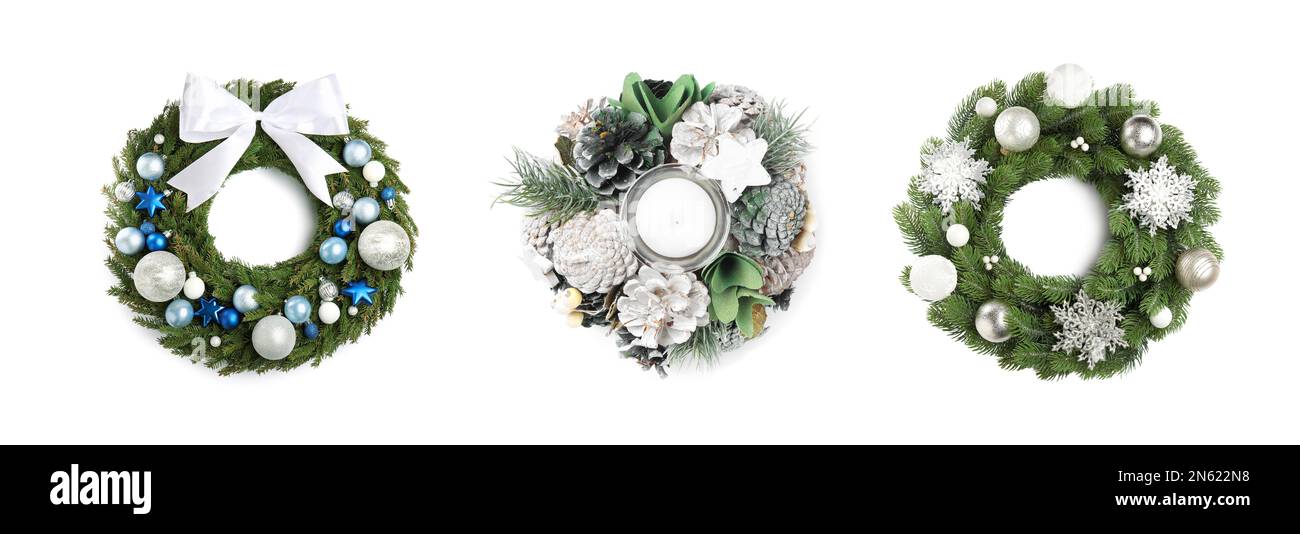 Set with beautiful Christmas wreaths on white background, banner design ...