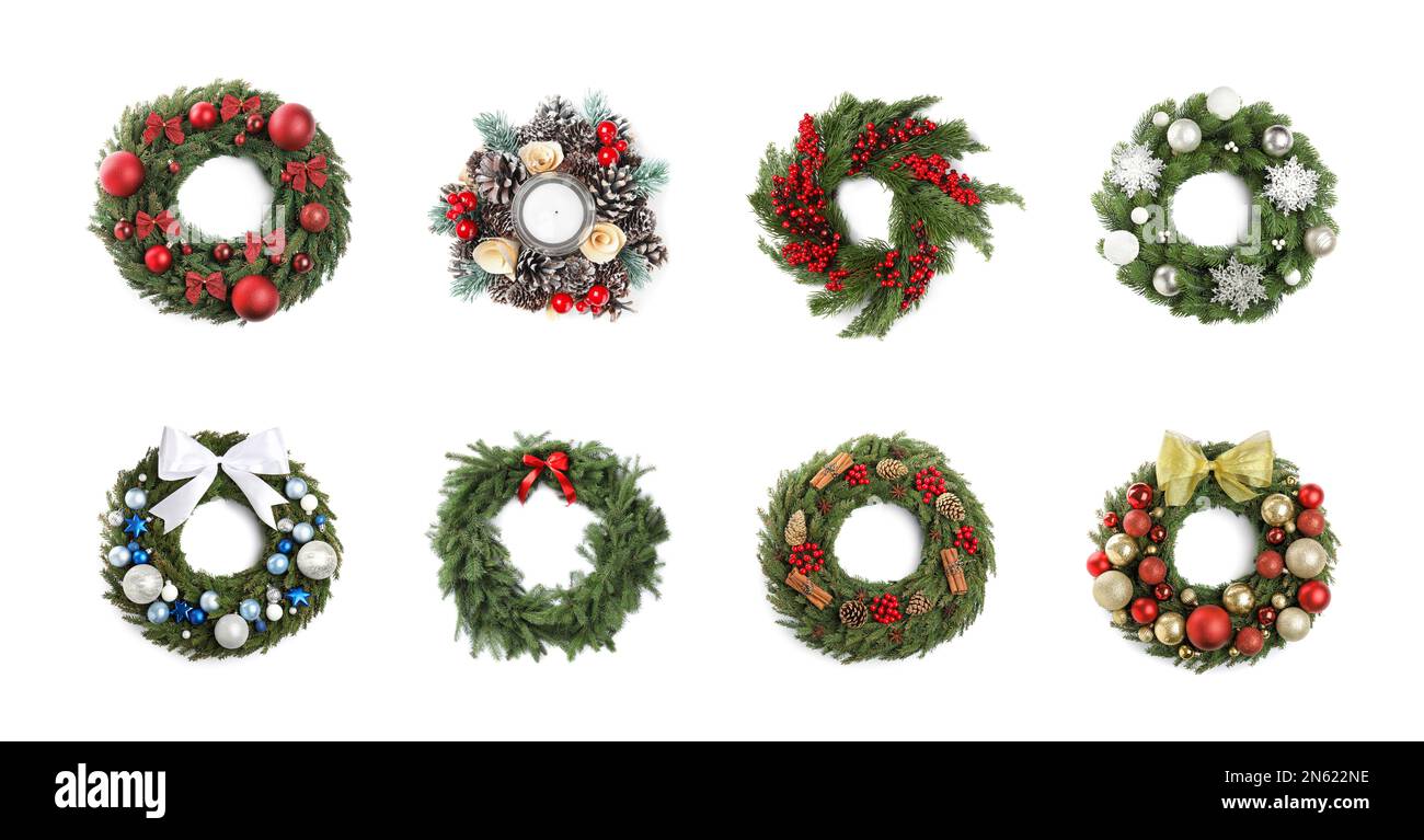 Set with beautiful Christmas wreaths on white background, banner design ...