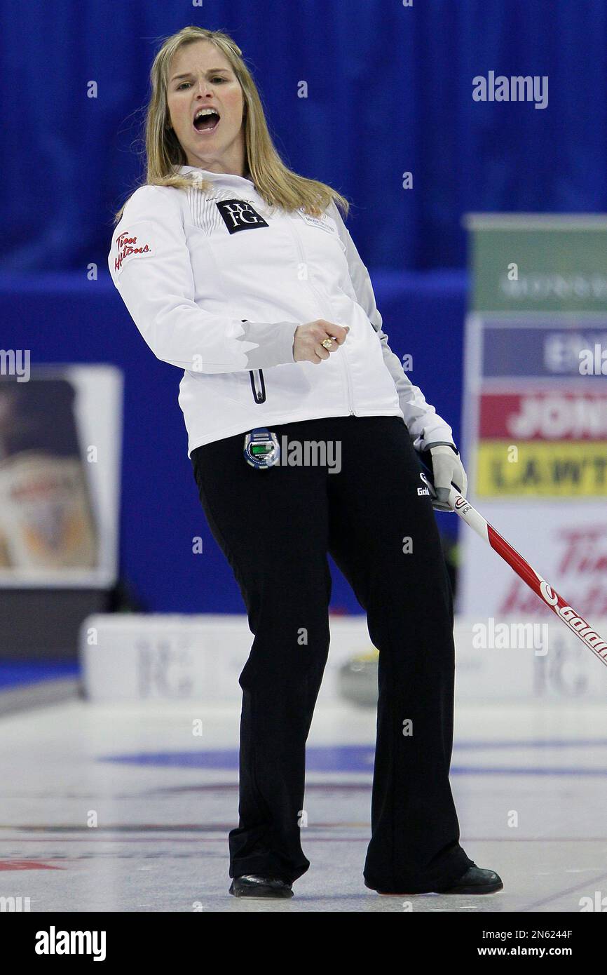 Skip Jennifer Jones reacts after her shot during draw 9 against ...