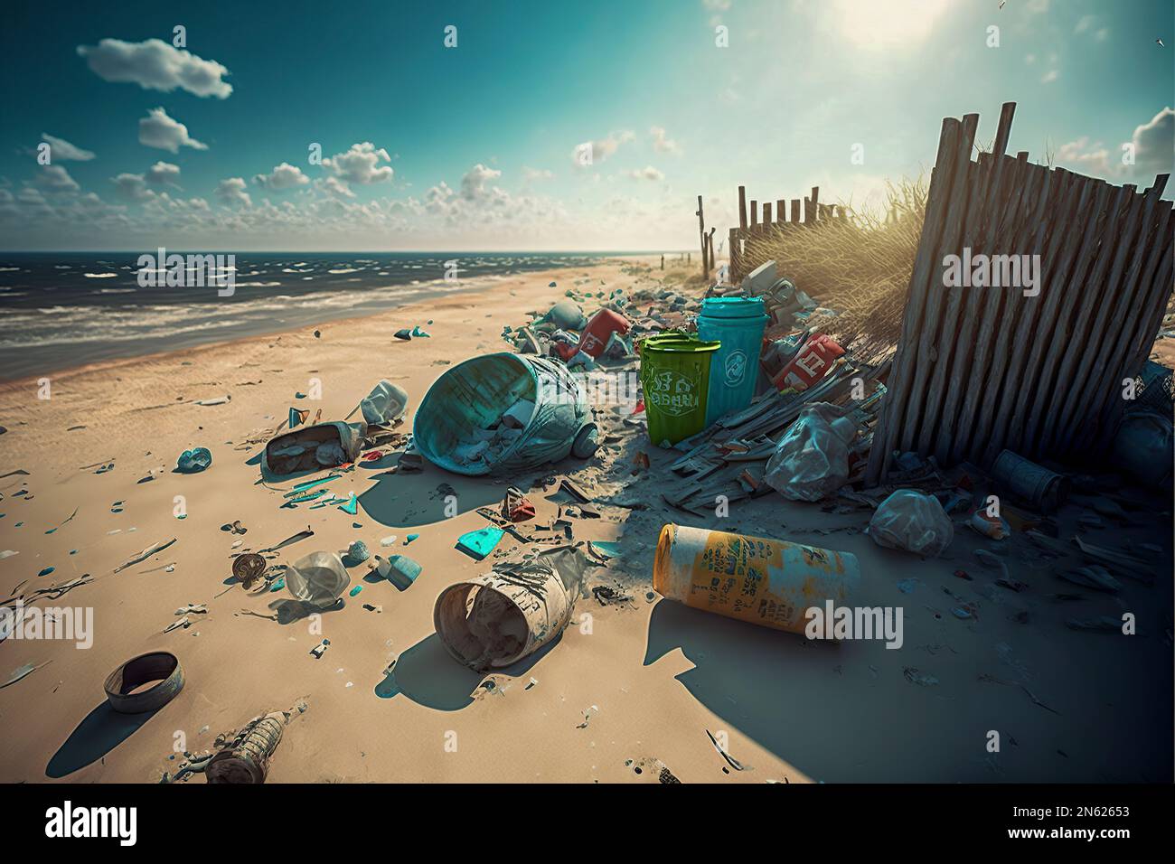 Sea shore with waste and garbage dumped all on the beach. Glass bottles ...