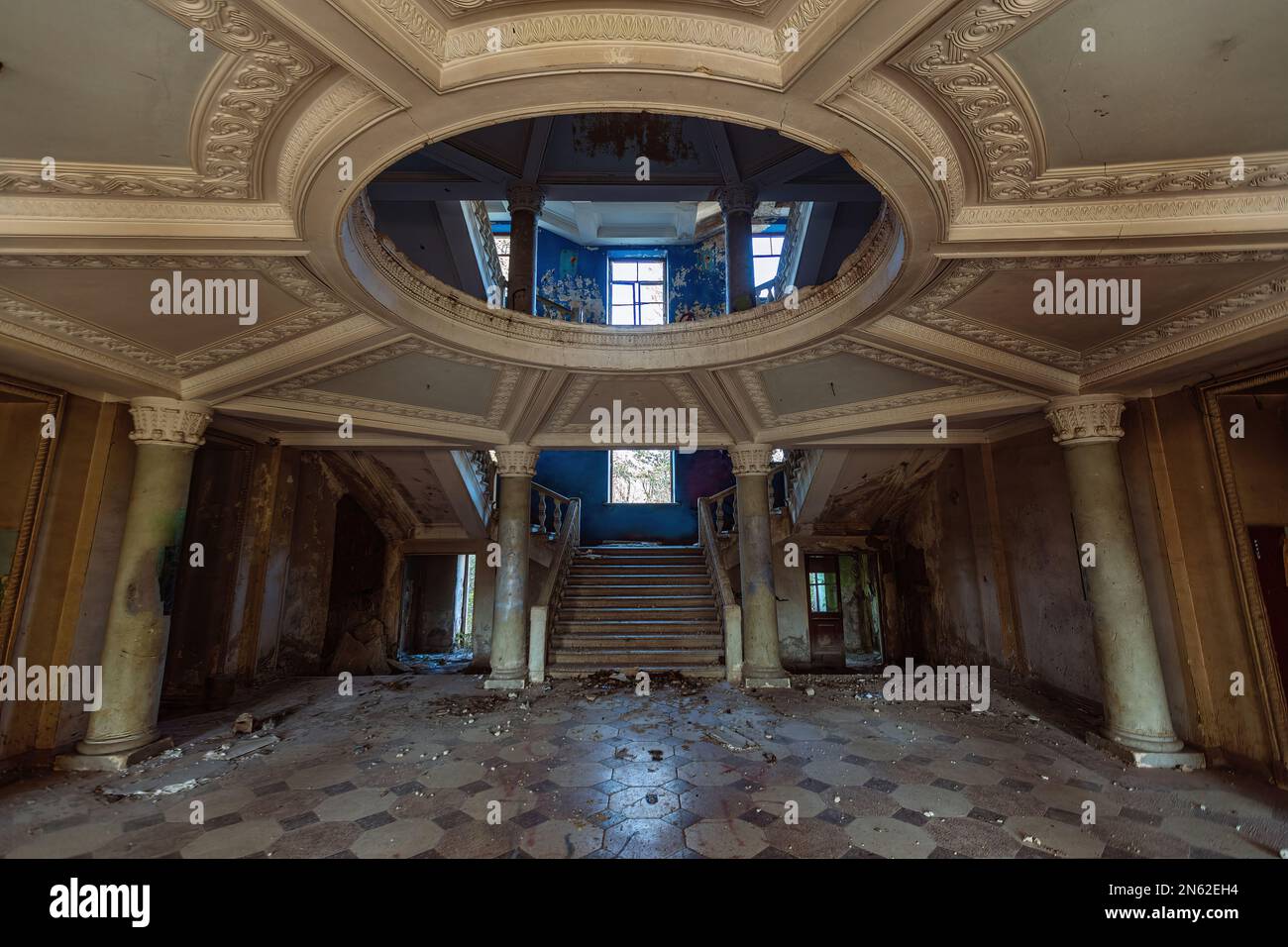 Entrance round hall at the abandoned house or mansion Stock Photo - Alamy