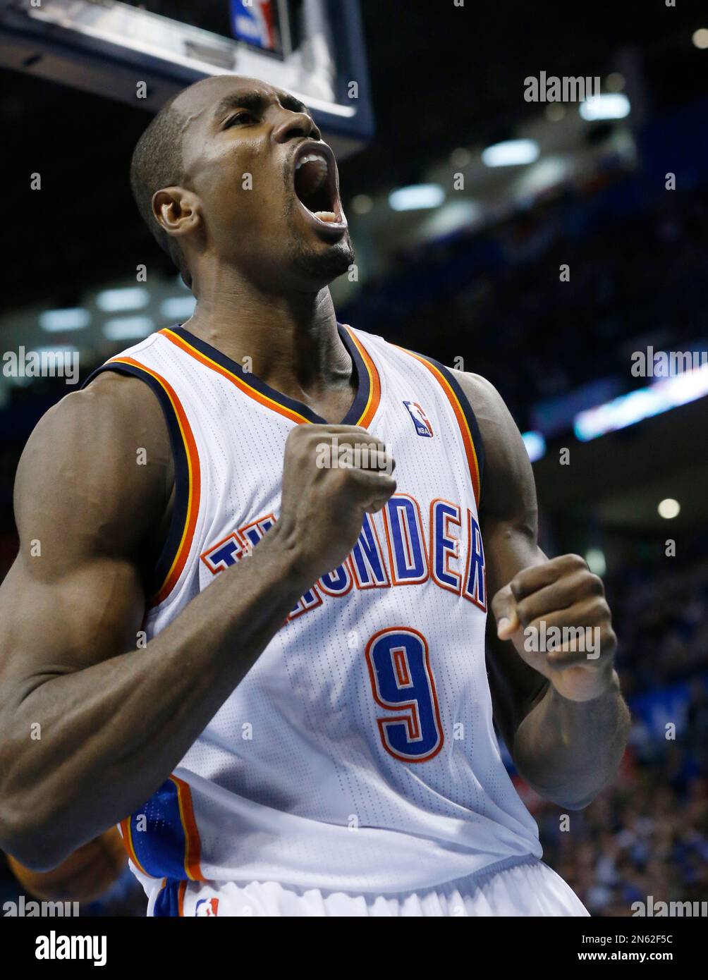 Oklahoma City Thunder forward Serge Ibaka (9) shouts after scoring a ...