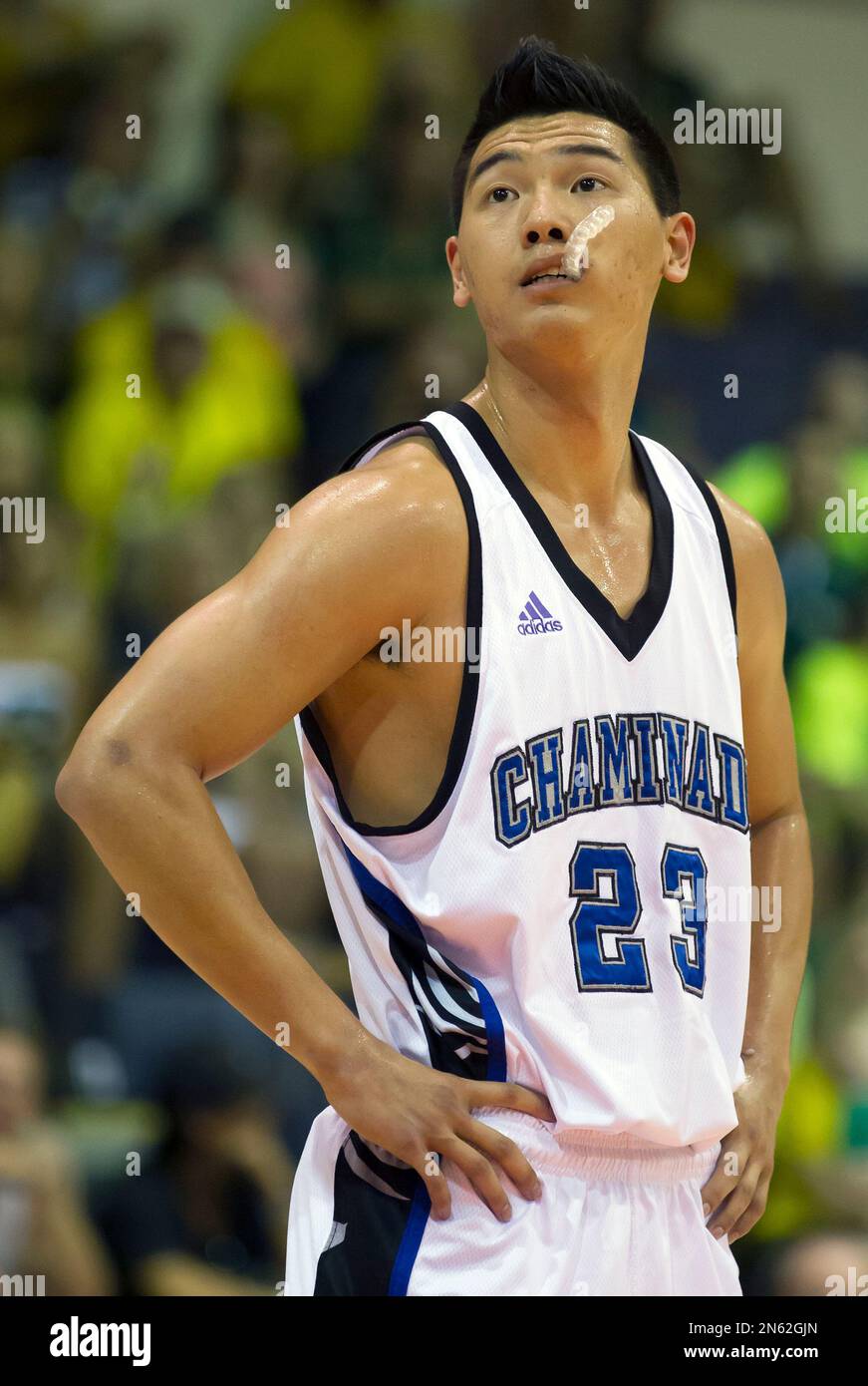 Chaminade forward Kevin Hu (23) looks on during a break in the game in ...
