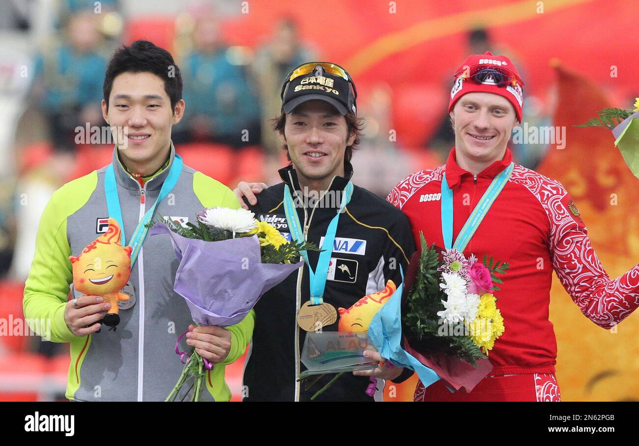 From left: second placed Tae-Bum Mo of South Korea, winner Keiichiro Nagashima of Japan, and ...