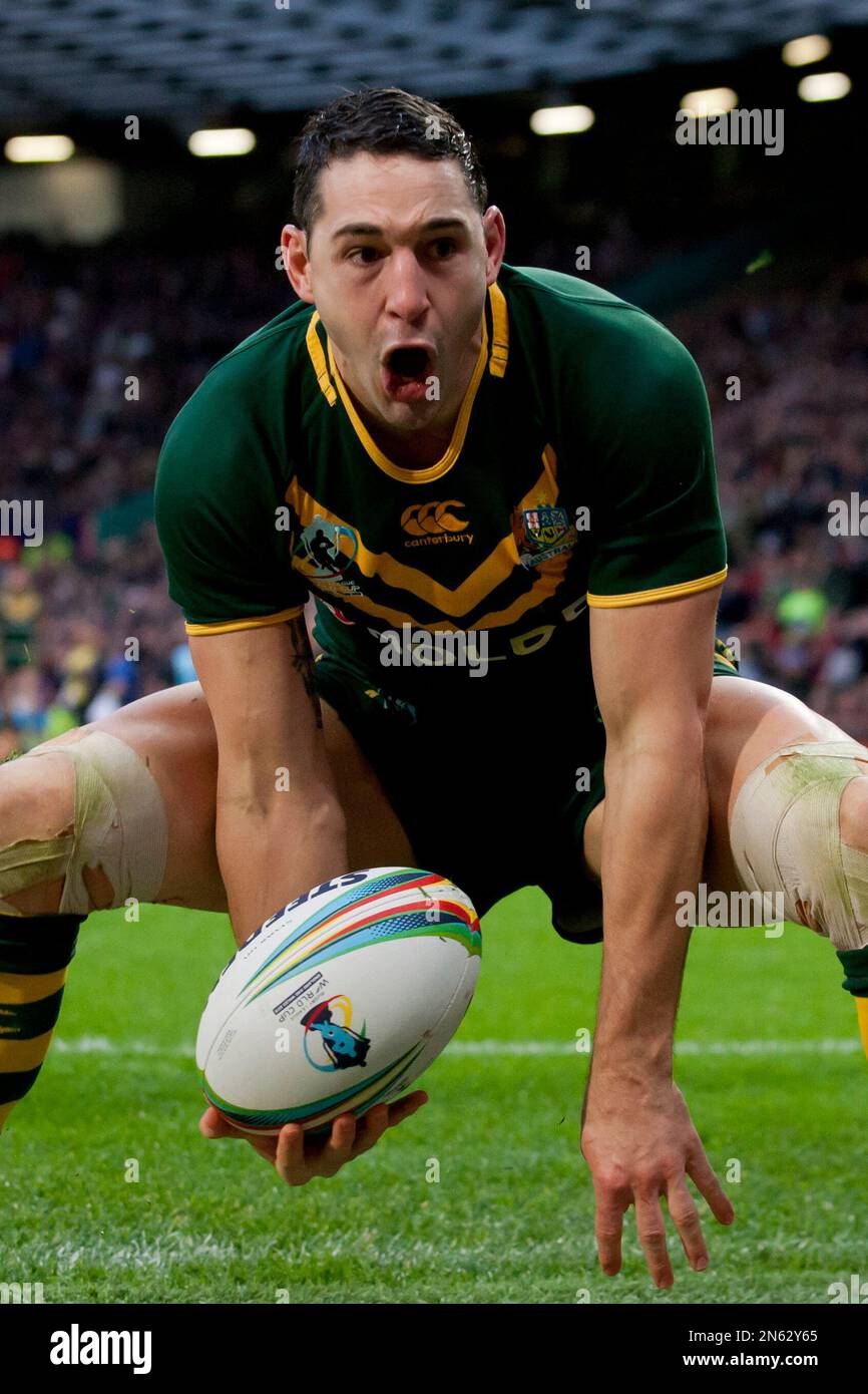 Australia's Billy Slater celebrates after scoring his second try during ...