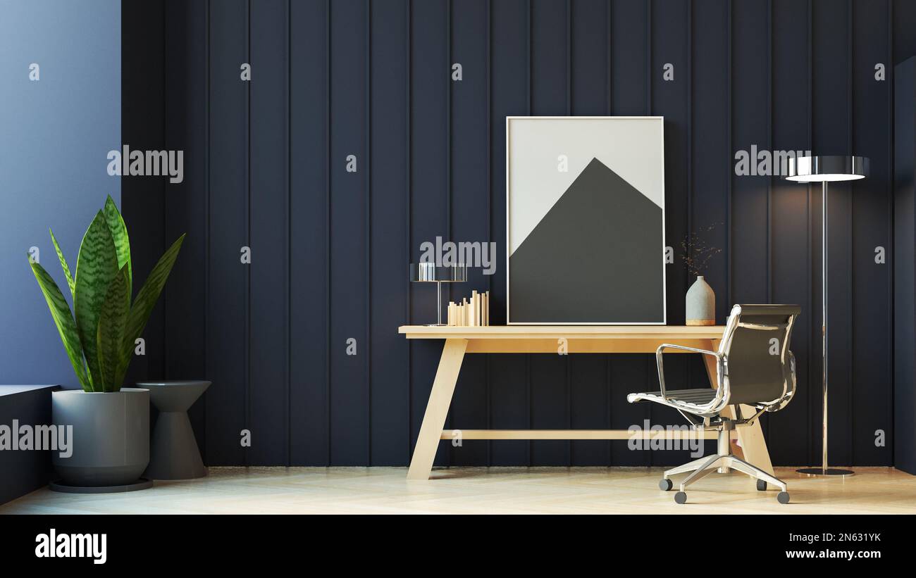 luxury Blue wall home office, working room - 3D rendering Stock Photo ...