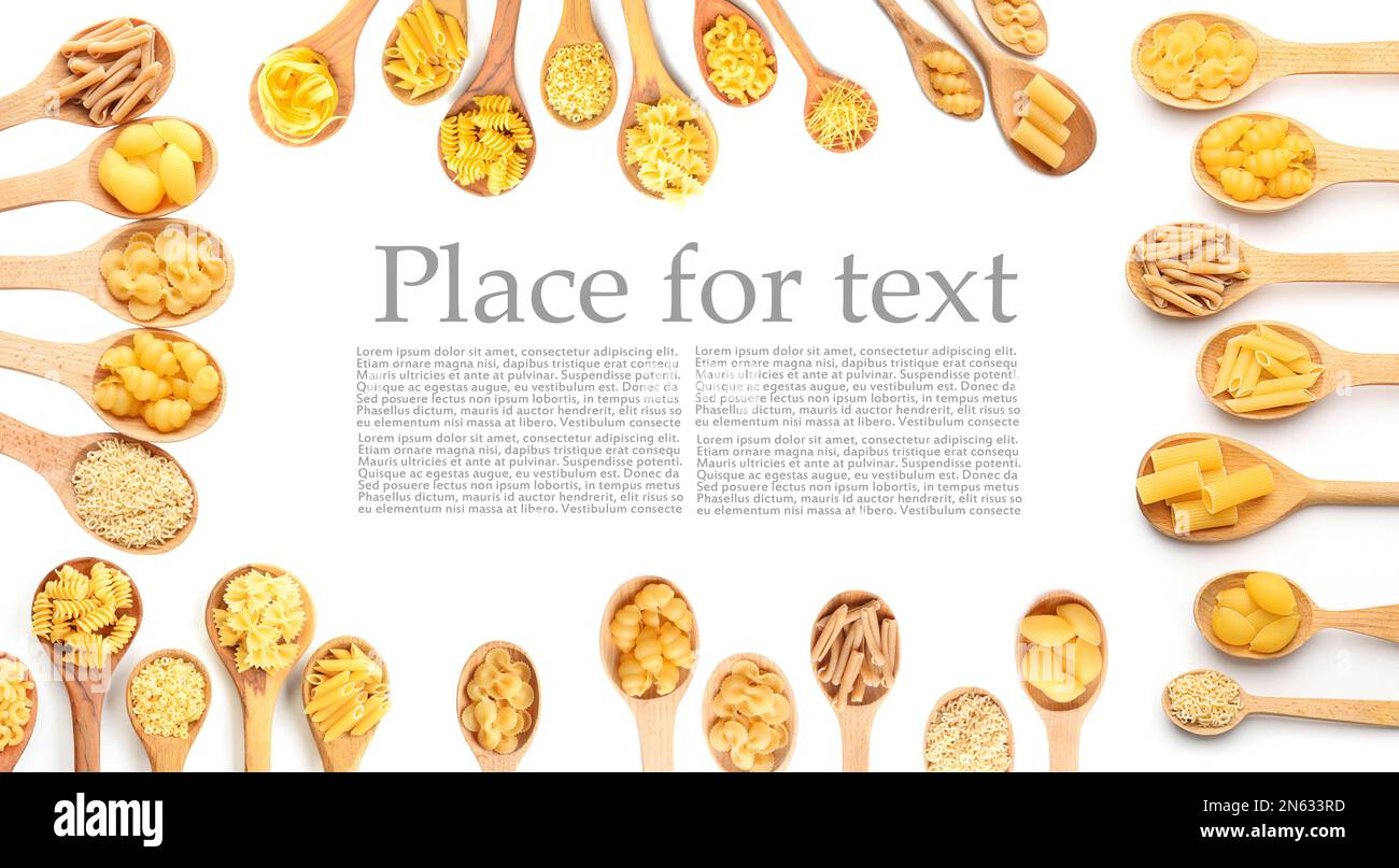 Collage of wooden spoons with different types of pasta on white ...