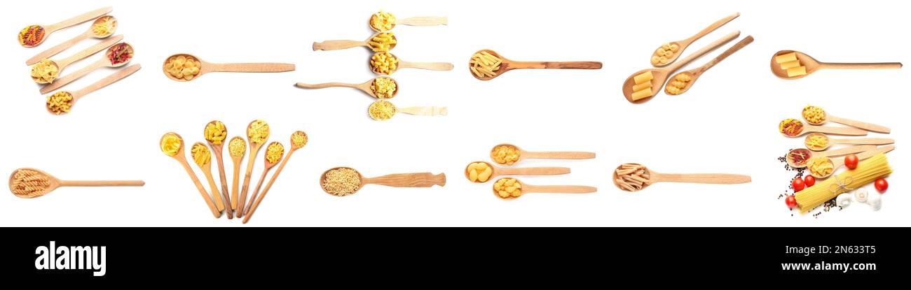 Set of wooden spoons with different types of pasta on white background ...