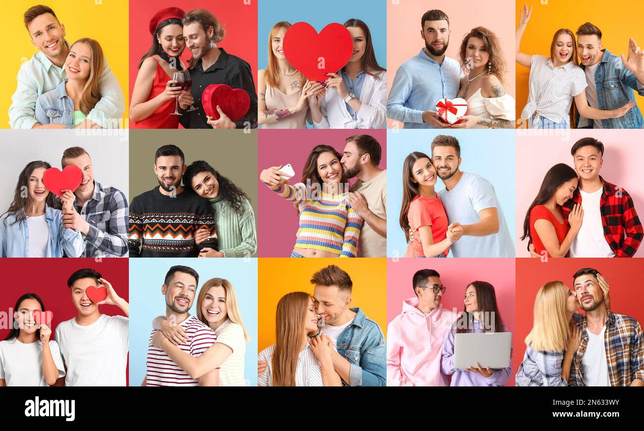 Set of happy loving couple on color background Stock Photo - Alamy
