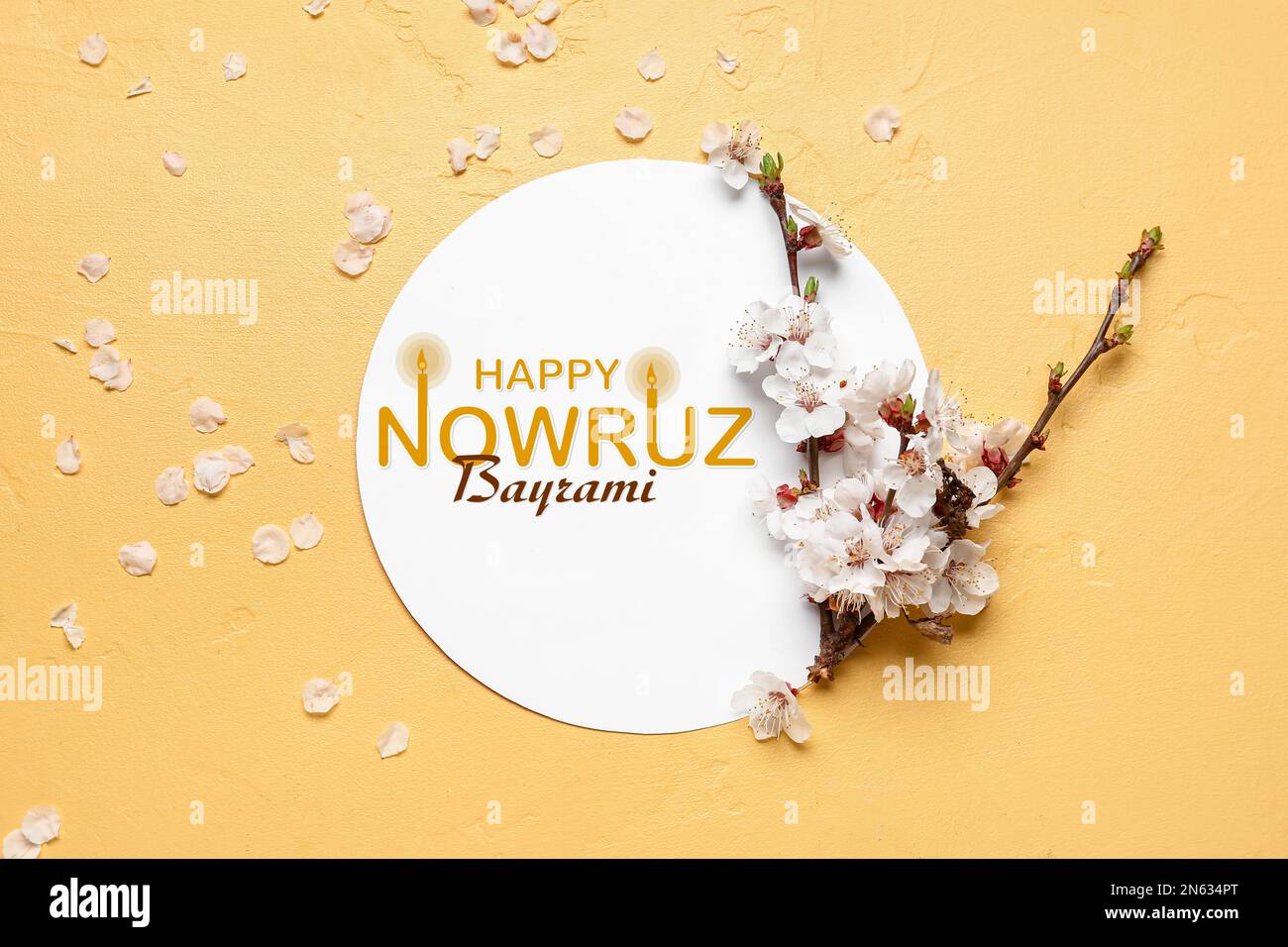 Beautiful greeting card for happy Novruz Bayram with blossoming spring branches Stock Photo - Alamy