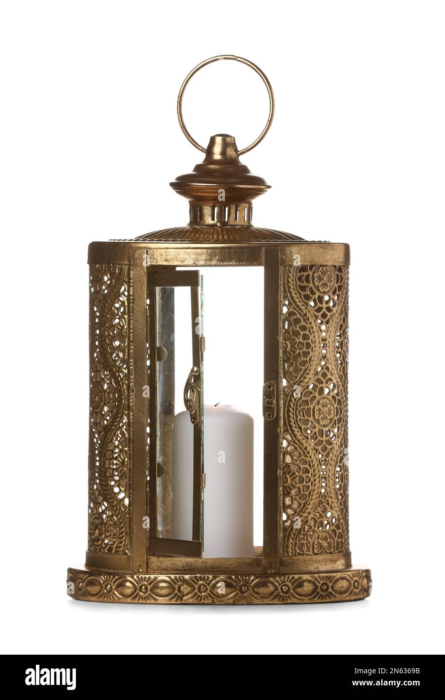 Muslim lantern with candle for Ramadan on white background Stock Photo ...