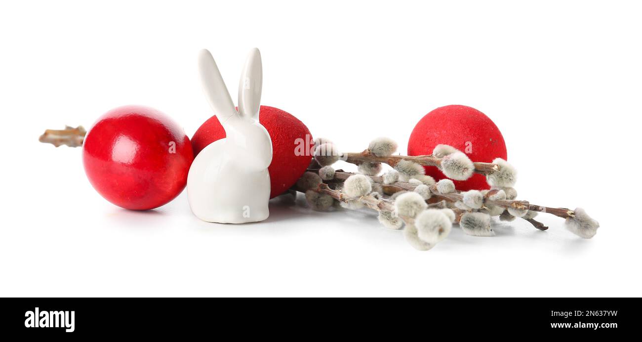 Easter eggs with rabbit and willow branches on white background Stock ...
