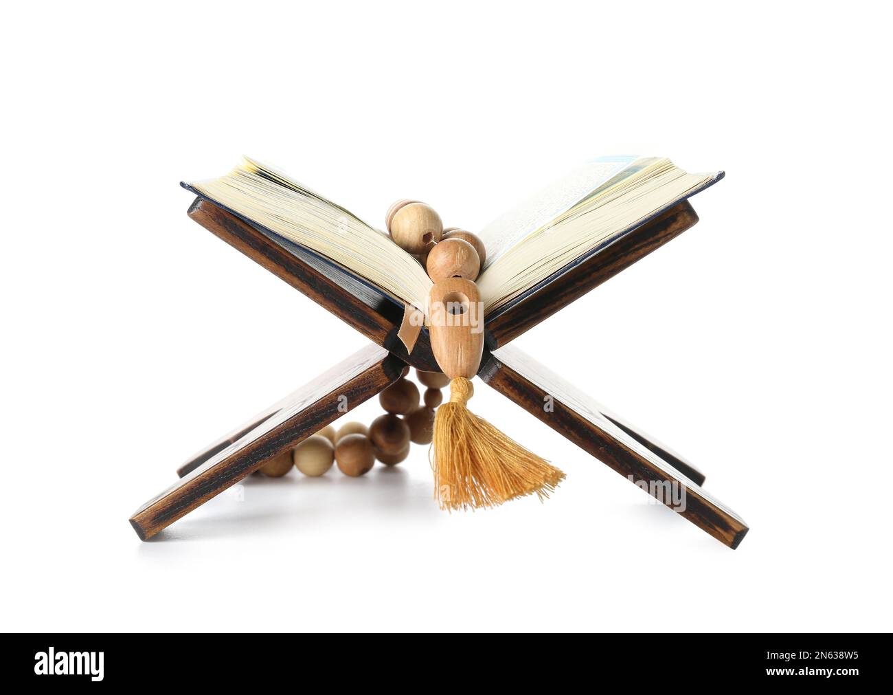 Rehal with Koran and prayer beads for Ramadan on white background Stock ...