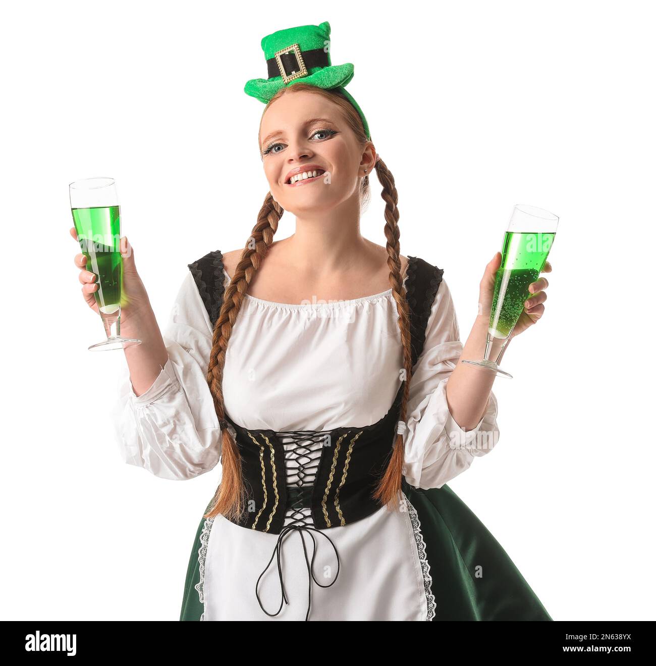 Irish waitress with glasses of beer on white background. St. Patrick's ...