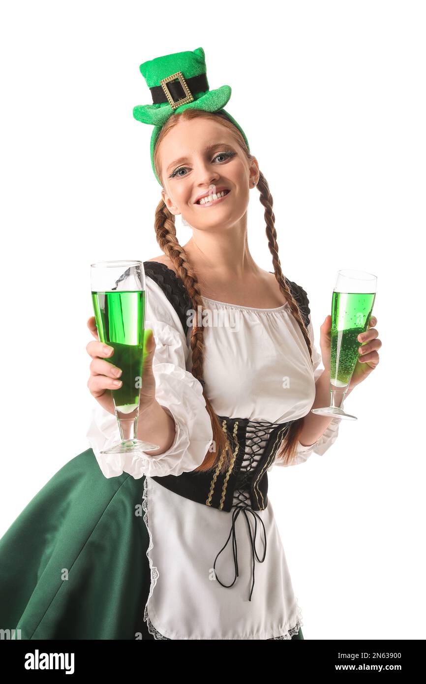 Irish waitress with glasses of beer on white background. St. Patrick's ...