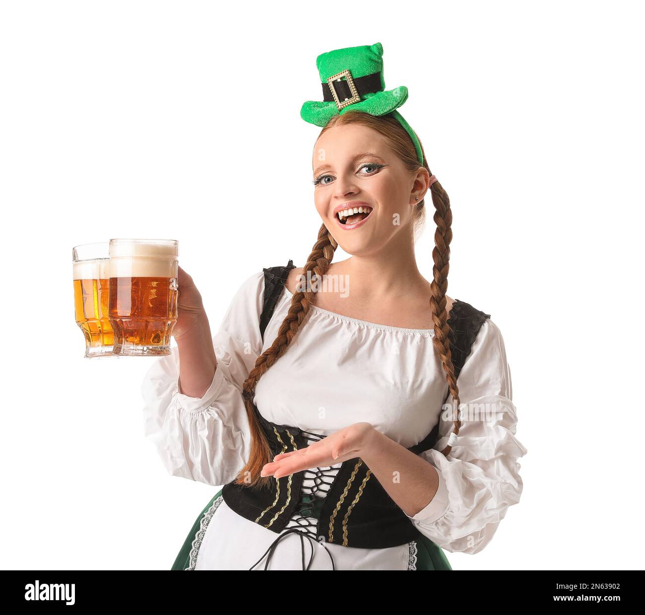 Irish waitress with glasses of beer on white background. St. Patrick's ...