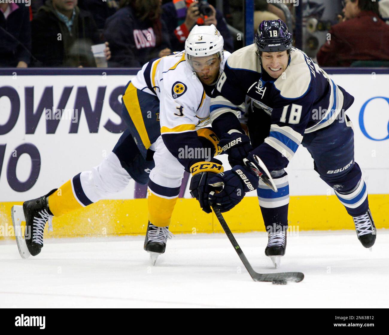 Nashville Predators' Seth Jones, left, and Columbus Blue Jackets' R.J ...