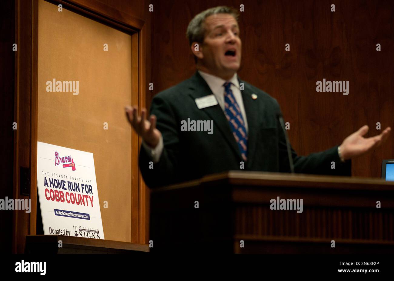 John Loud, of Kennesaw, Ga., speaks during a commission hearing as a ...