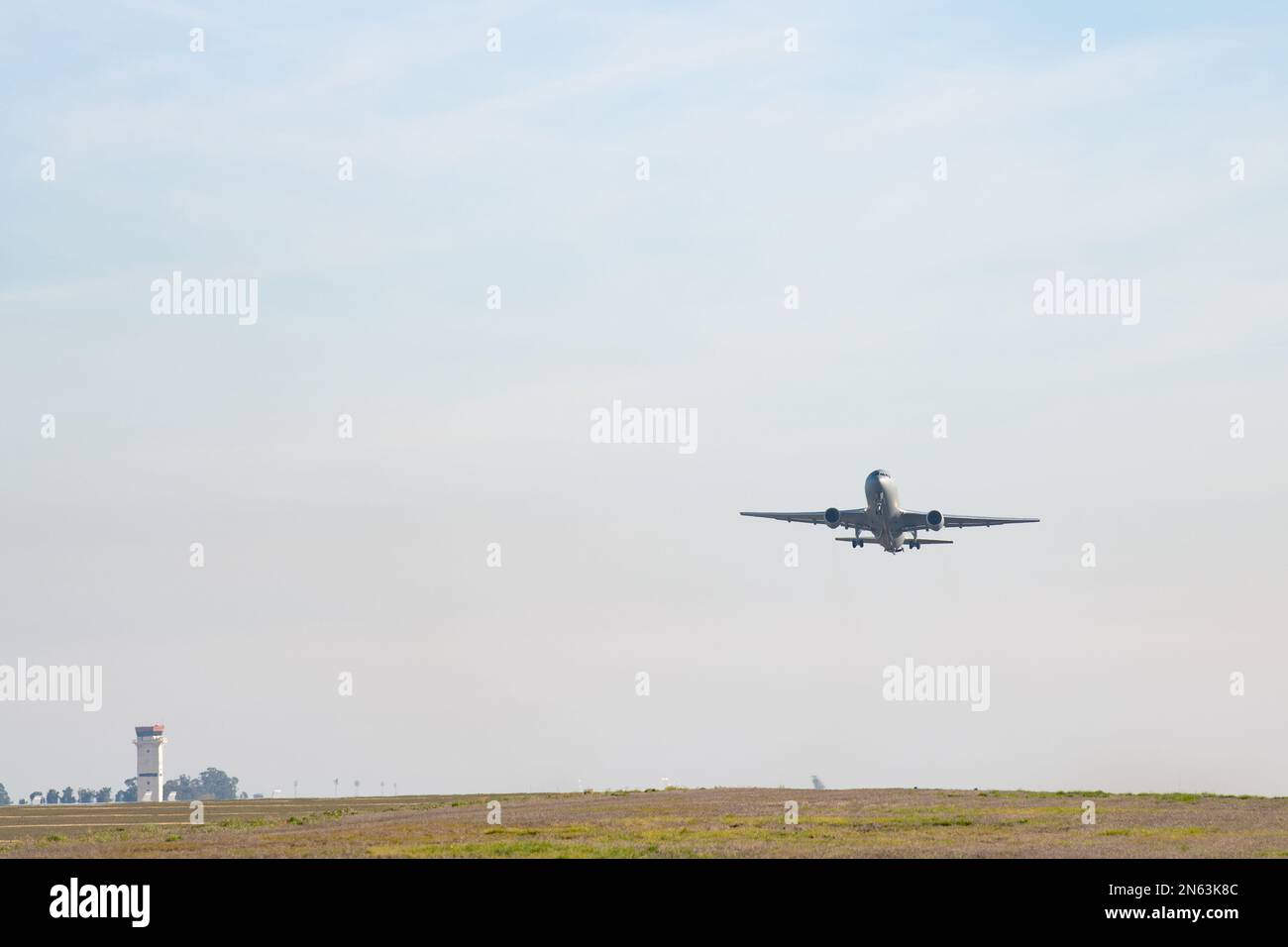 A U.S. Air Force KC-46A Pegasus takes off during an integrated mission ...
