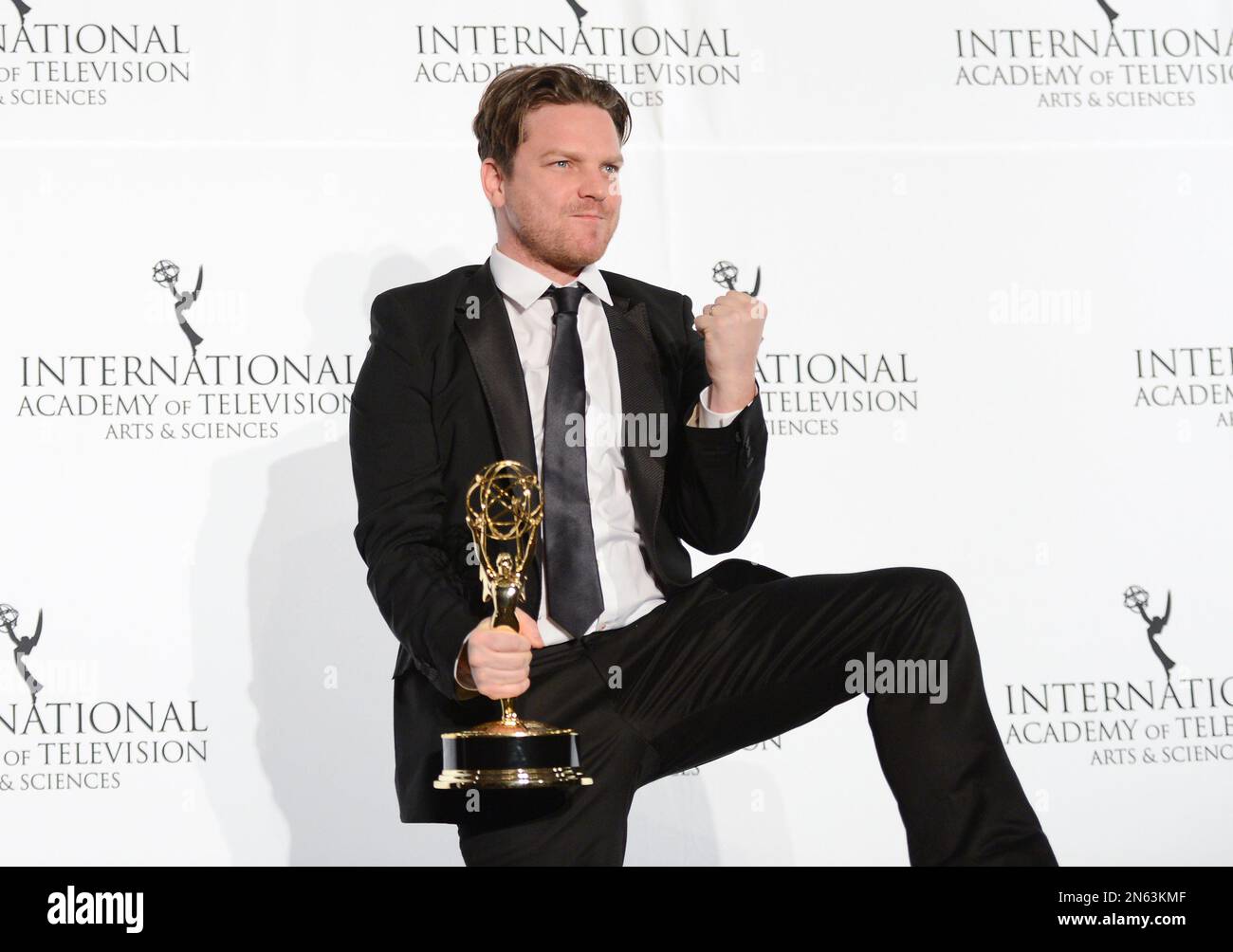 Director/producer Rhys Thomas poses with his "Arts Programming" award for "Freddie Mercury: The ...