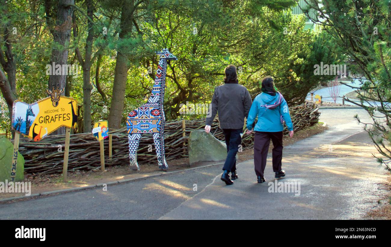 Couple holding hands walking past giraffe sign Edinburgh zoo Stock ...