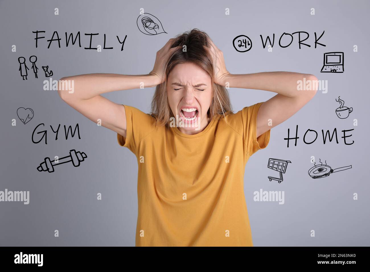 Stressed young woman, text and drawings on grey background Stock Photo ...