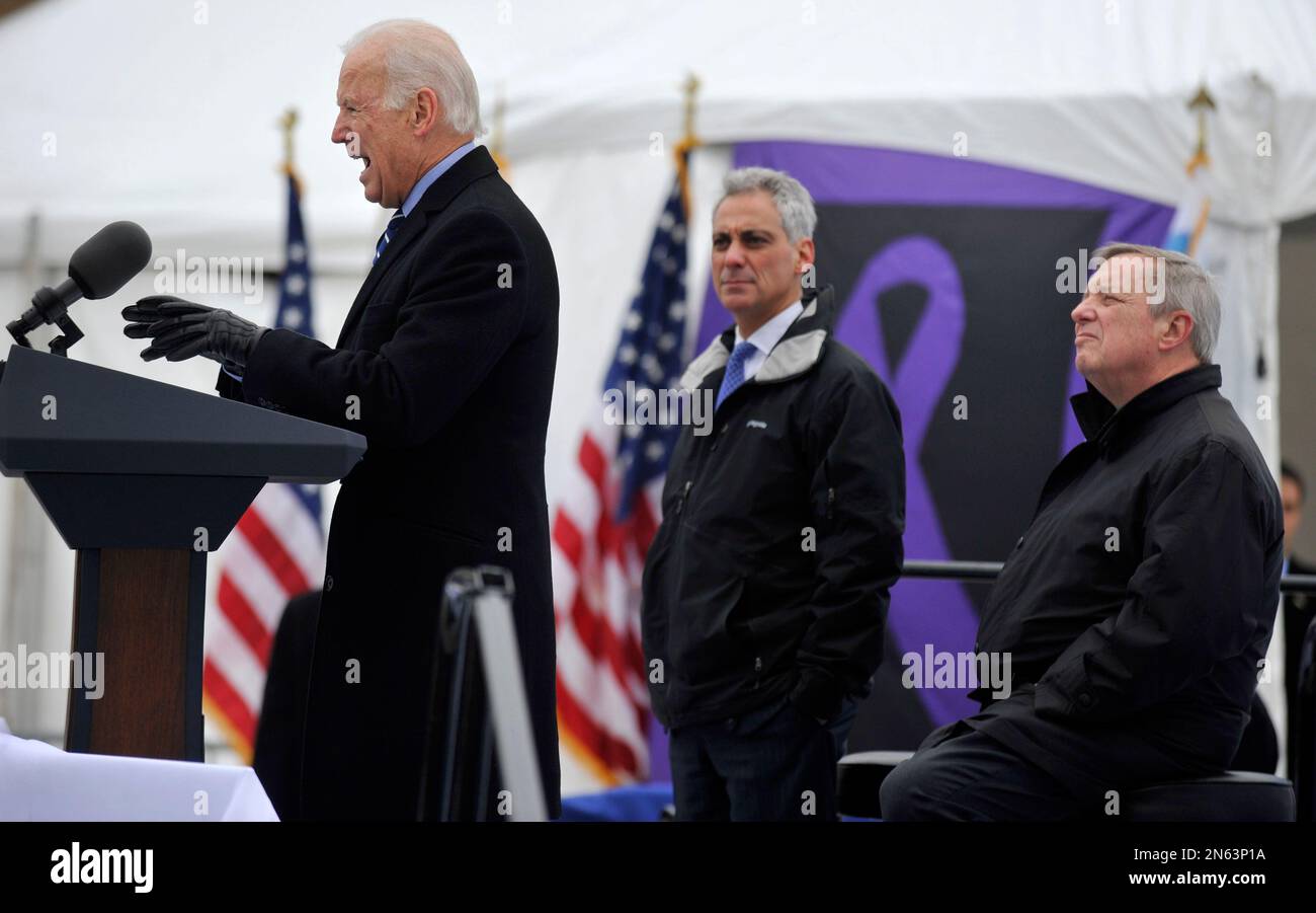 Vice President Joe Biden left, speaks while Chicago Mayor Rahm Emanuel ...