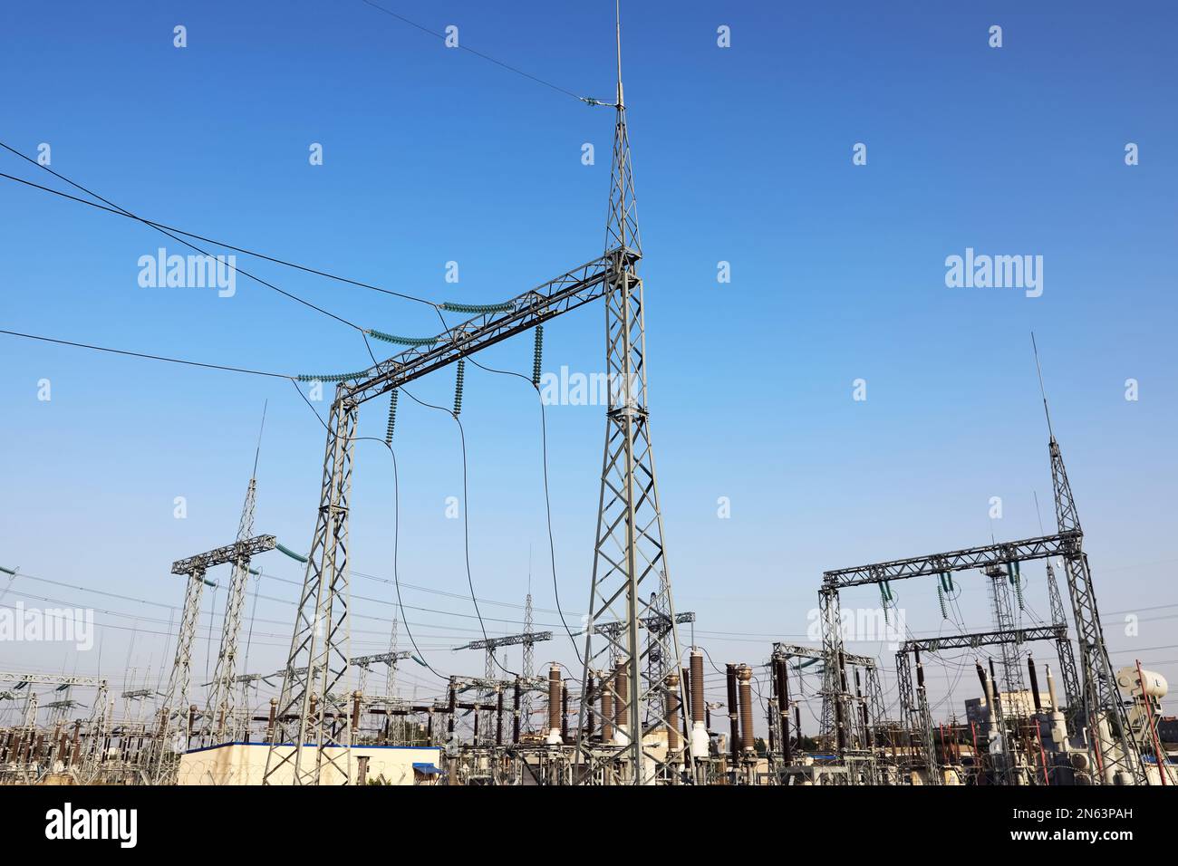 Modern electrical substation on sunny day, low angle view Stock Photo ...