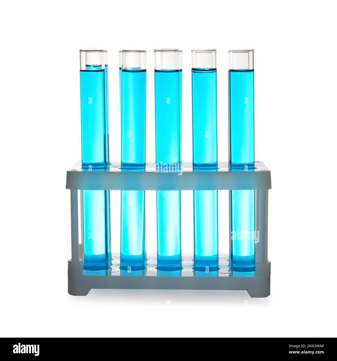 Test tubes with blue liquid on white background Stock Photo - Alamy
