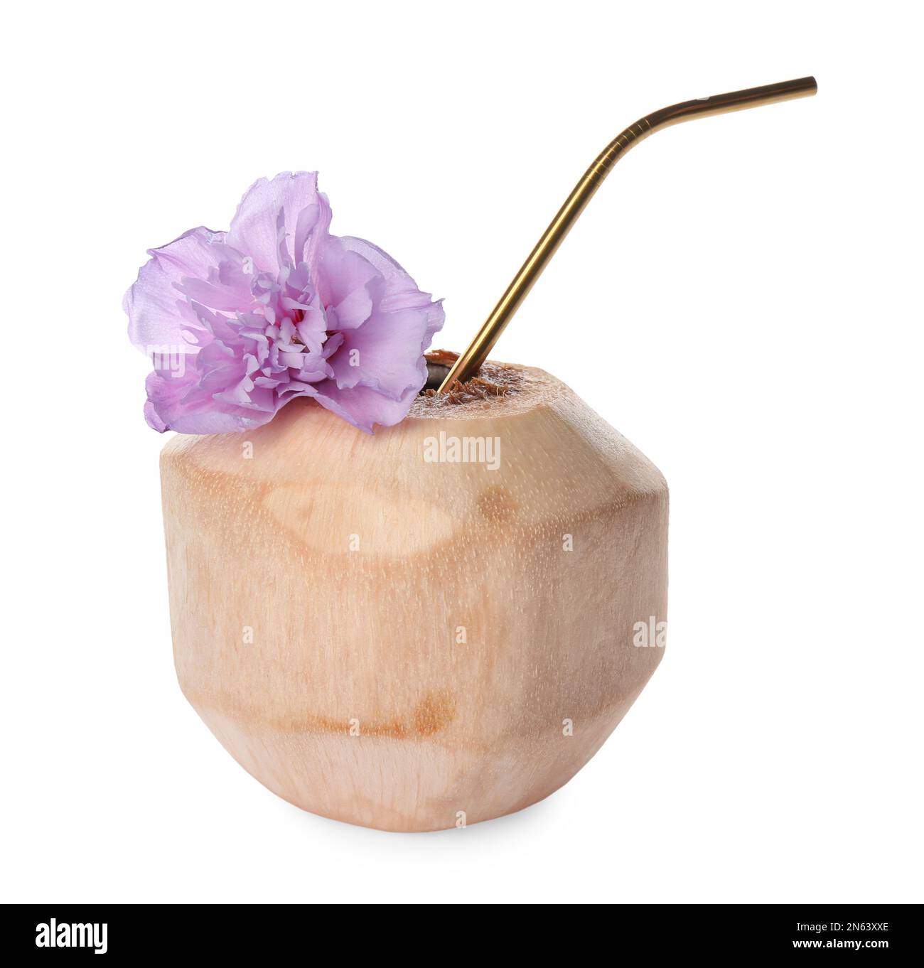 Young peeled coconut with straw and beautiful flower isolated on white ...