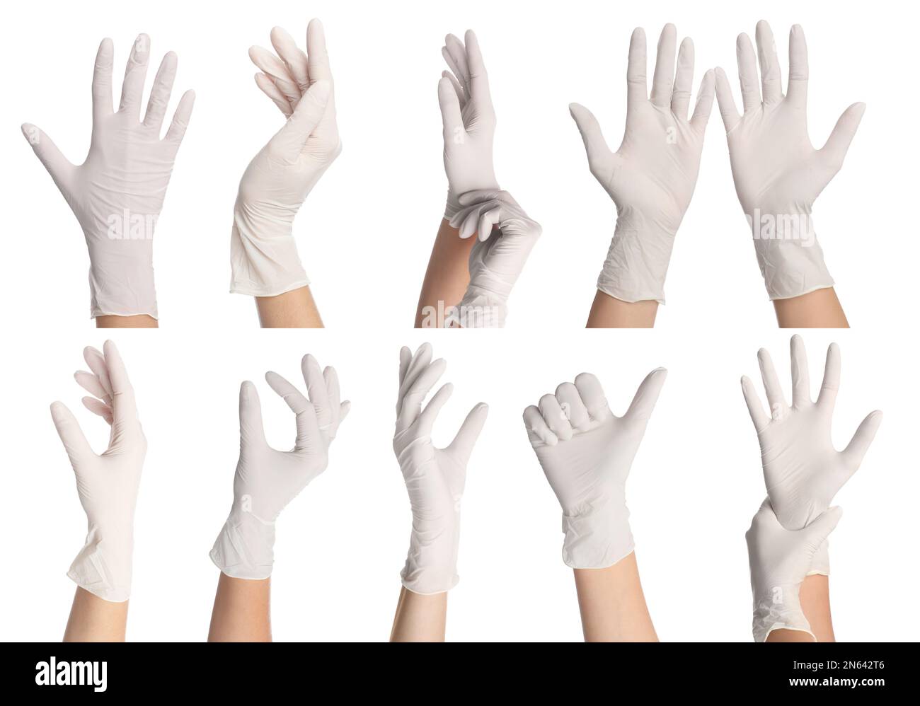 Collage with photos of woman wearing medical gloves on white background ...