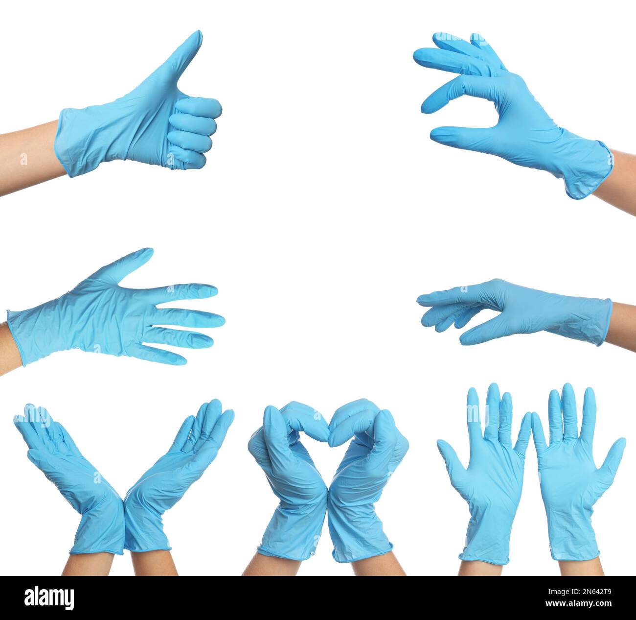 Collage with photos of woman wearing medical gloves on white background ...