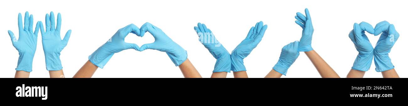 Collage with photos of woman wearing medical gloves on white background ...