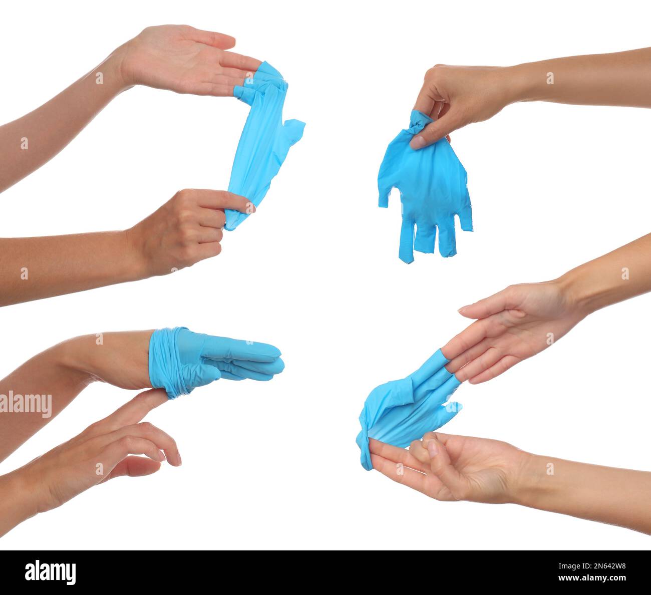 Right way to take off medical gloves. Collage with photos of woman ...