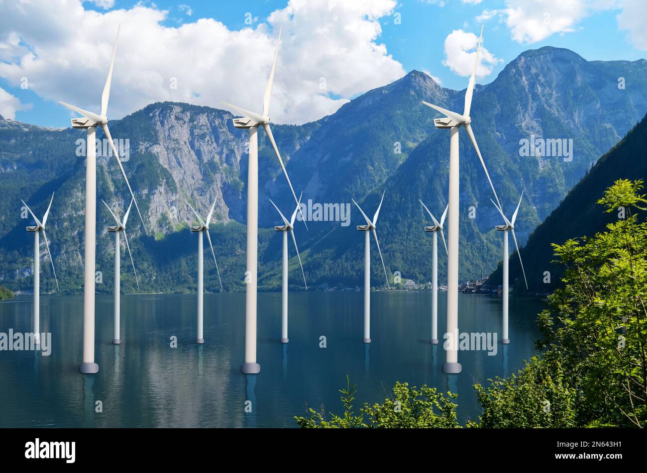 Floating wind turbines installed in water near mountains. Alternative ...