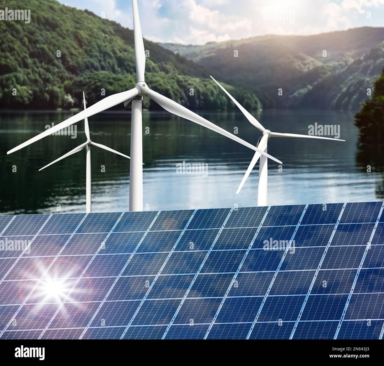 Alternative energy sources. Wind turbines installed in water, solar ...