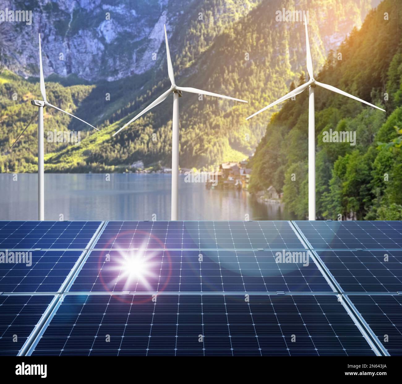 Alternative energy sources. Wind turbines installed in water, solar ...