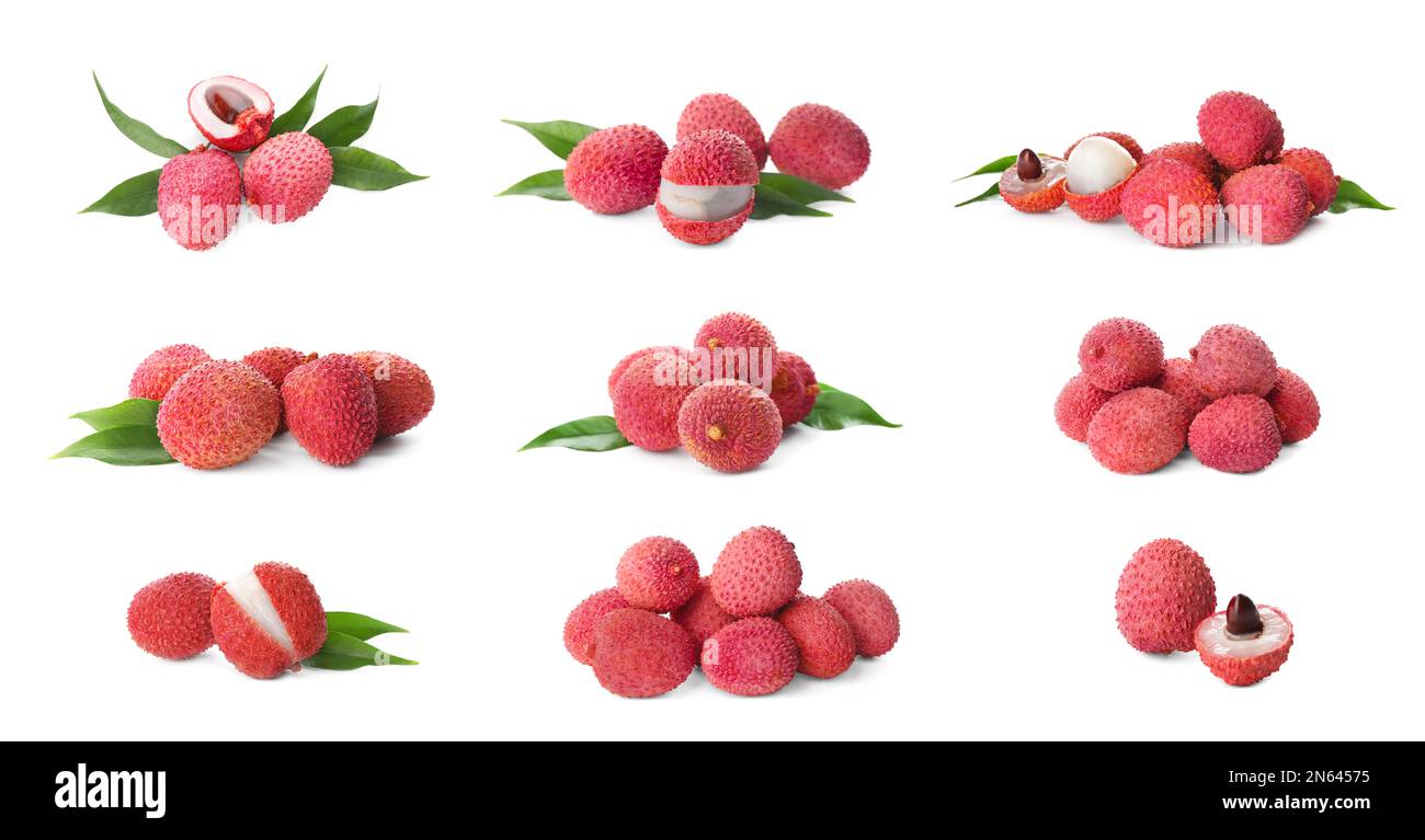 Set of delicious fresh lychees on white background. Banner design Stock ...