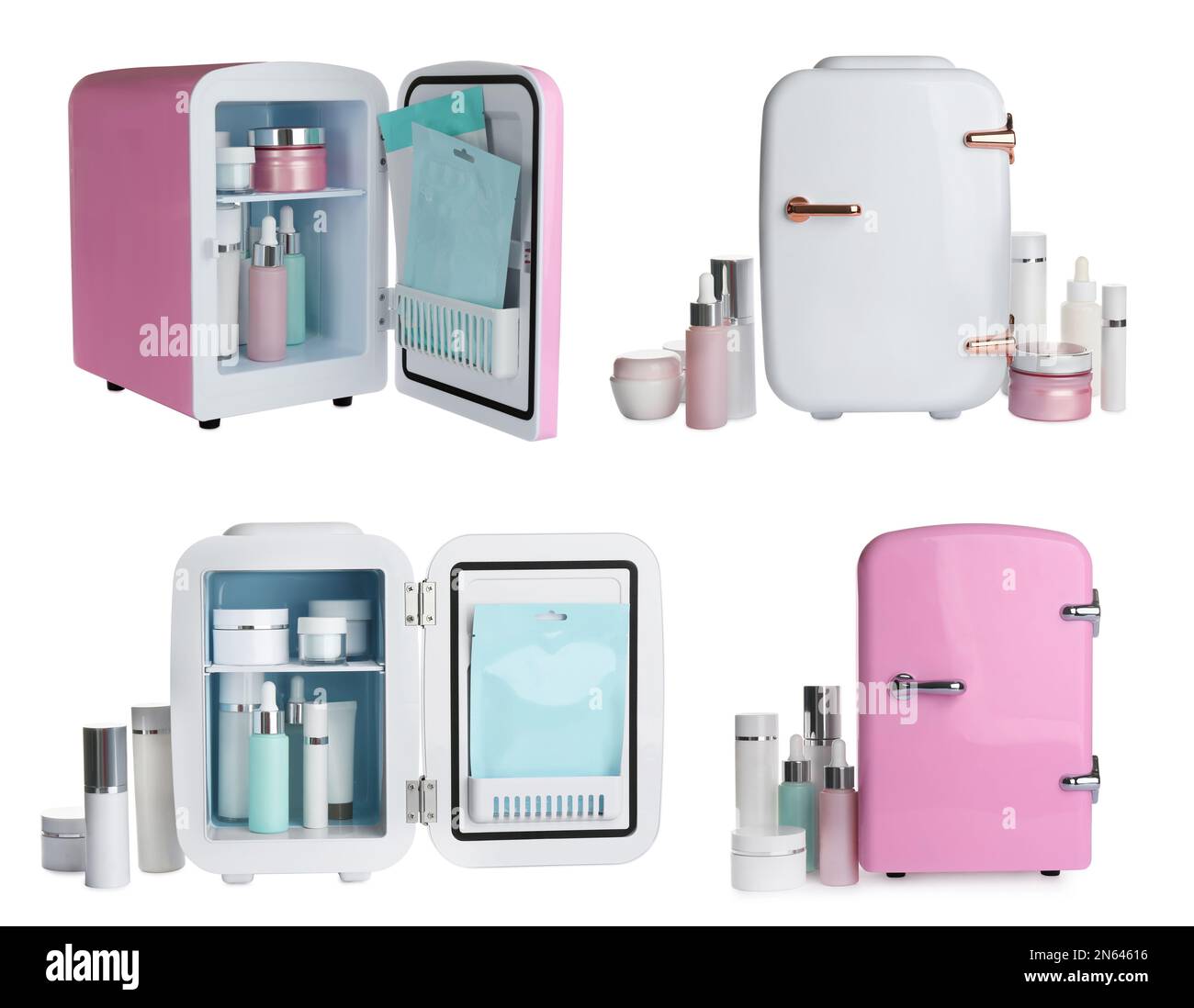 Set with mini refrigerators for cosmetics on white background Stock ...