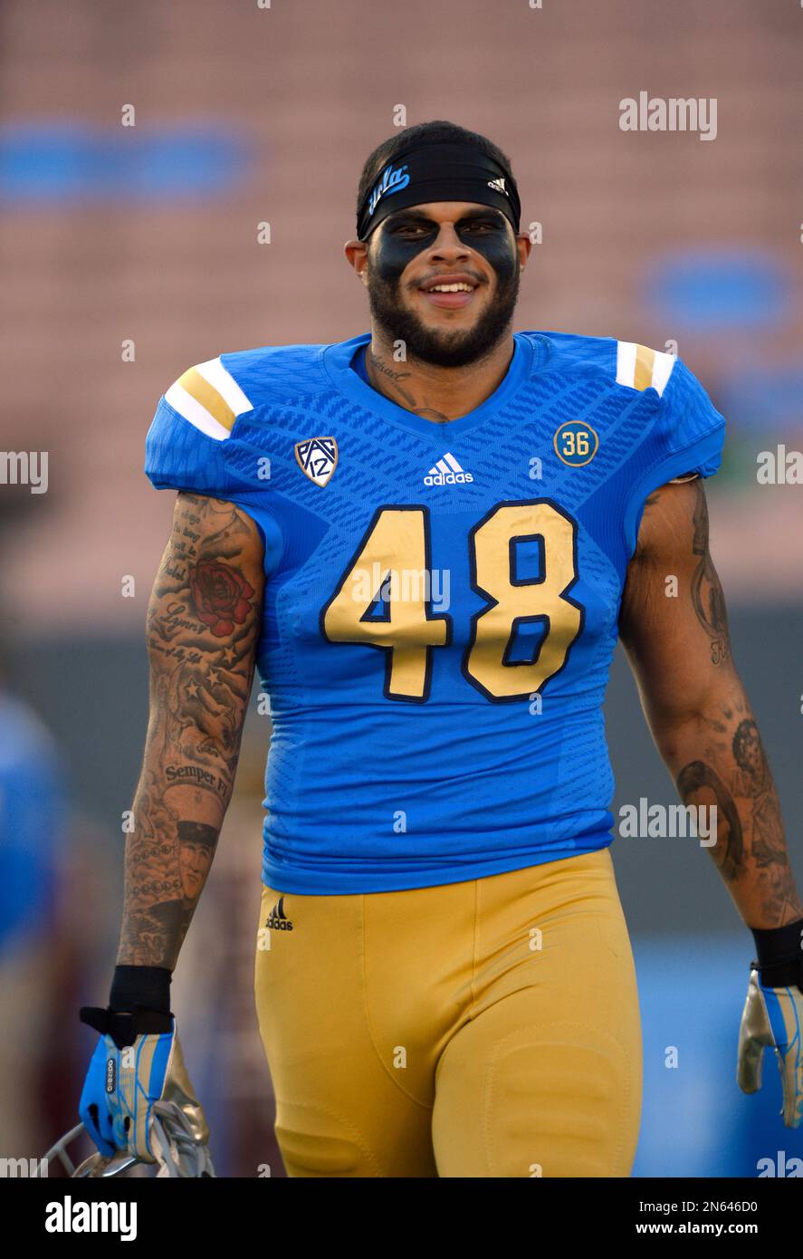 UCLA fullback Tre' Hale looks on during warmups prior to an NCAA ...