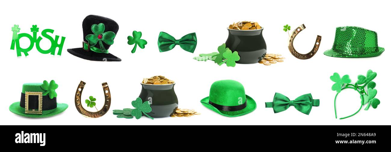 Set with traditional items for St. Patrick's Day celebration on white ...