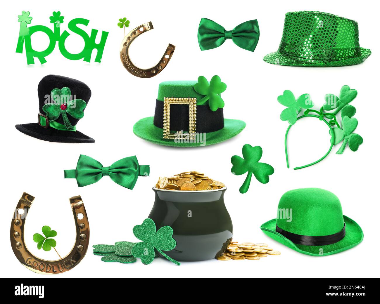 Set with traditional items for St. Patrick's Day celebration on white ...