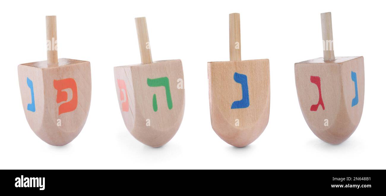 Hanukkah traditional dreidels with letters on white background, collage ...