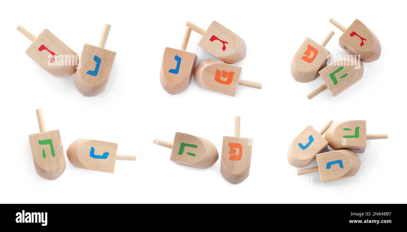 Hanukkah traditional dreidels with letters on white background, collage ...