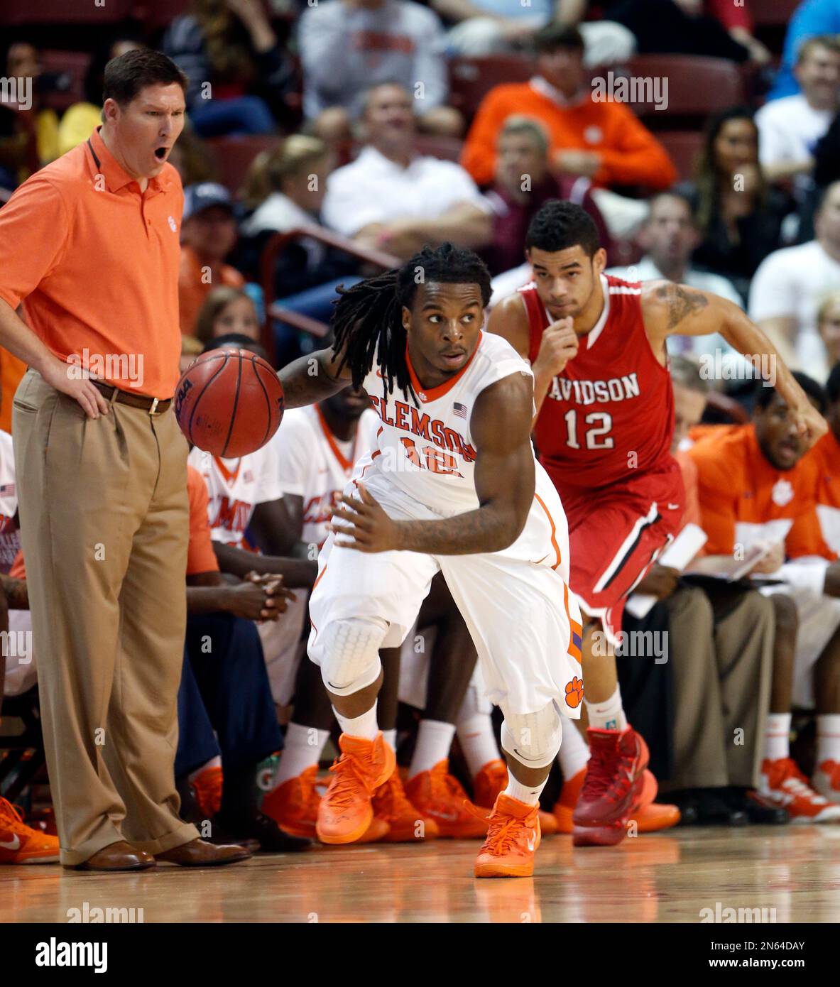Clemson's Rod Hall pushes the ball up-court against Davidson's Jack ...