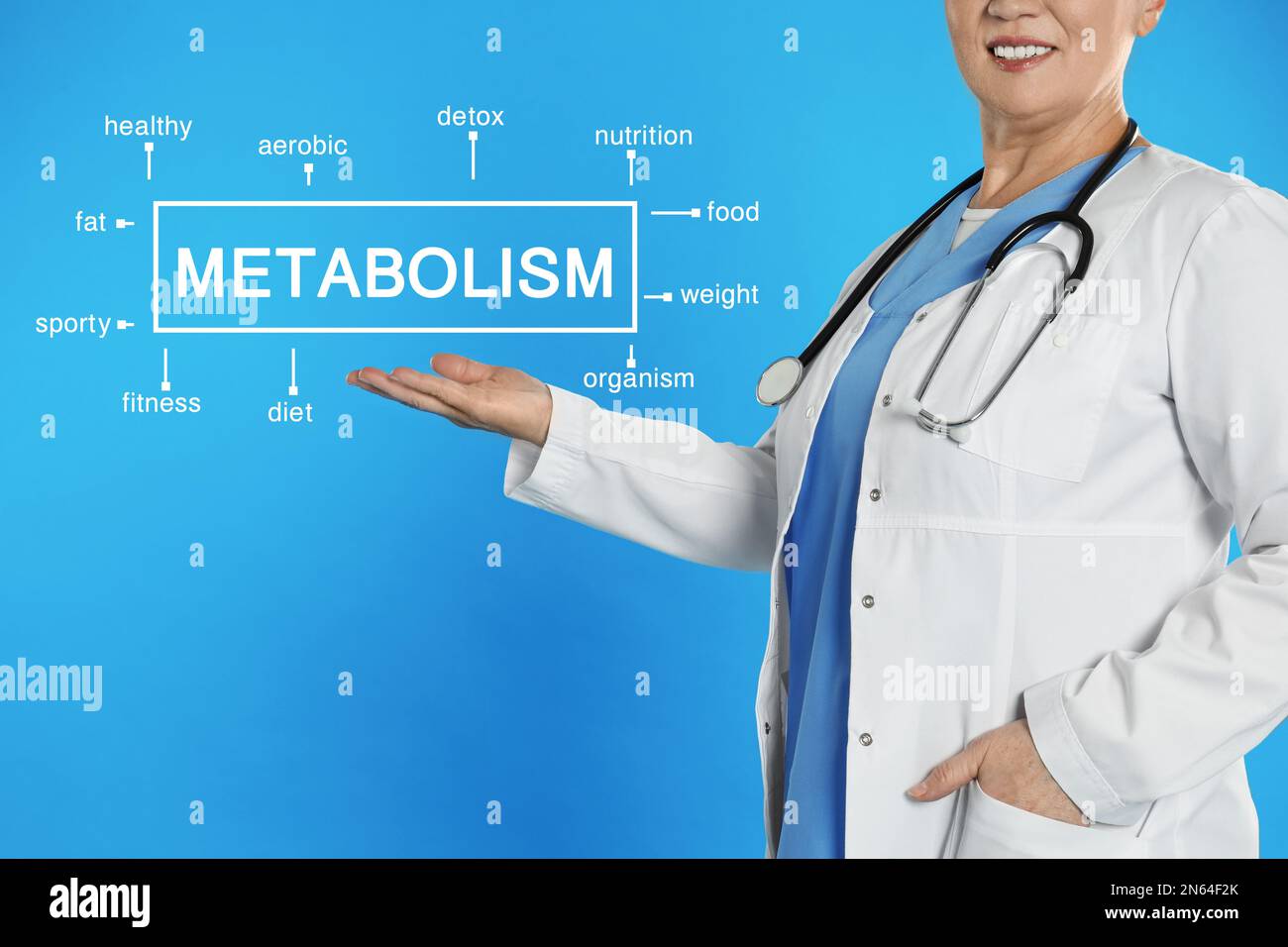 Metabolism concept. Mature doctor presenting scheme on blue background ...