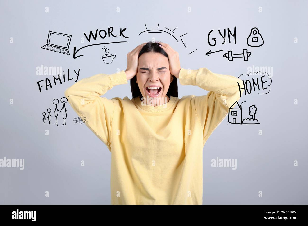Stressed young woman, text and drawings on light grey background Stock ...