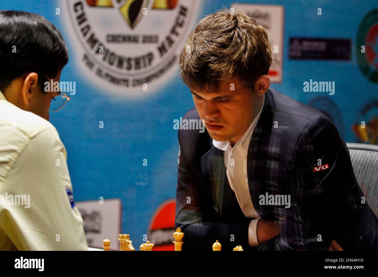 Norway’s Magnus Carlsen, right, plays against reigning world chess champion India’s Viswanathan ...
