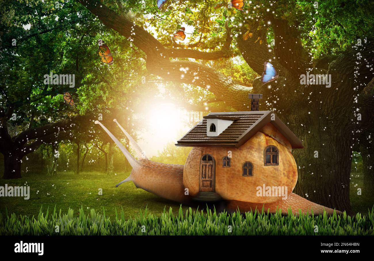 Fantasy world. Magic snail with its shell house moving in beautiful ...